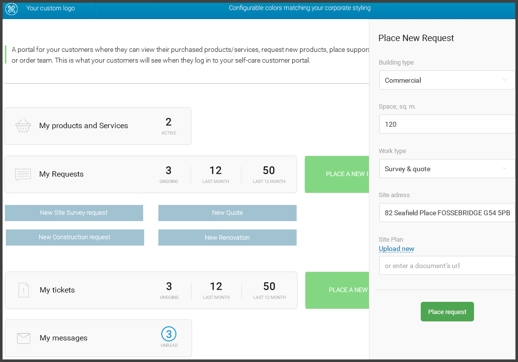 Customer portal for quotes, orders and service requests